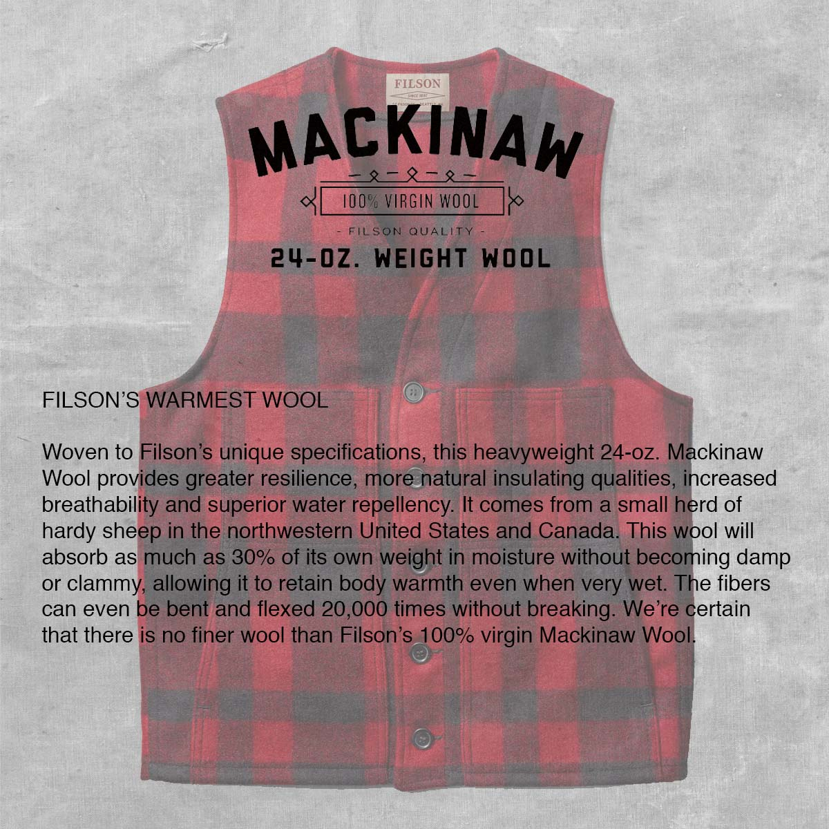 Filson Mackinaw Wool Vest Red/Black Plaid, strapazierfähige, natürlich ...