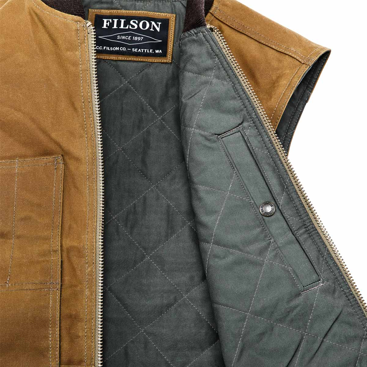 Filson Tin Cloth Insulated Work Vest Dark Tan, ideale Arbeitsweste